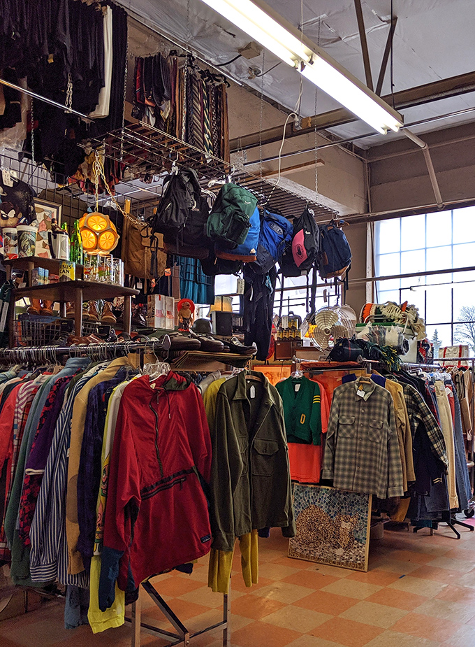 Outdoor gear hangs alongside colorful petticoats in this wonderfully chaotic corner. The perfect outfit for your next adventure awaits.
