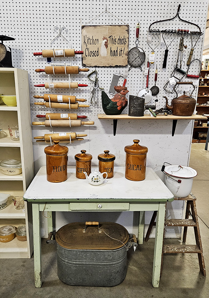 "Kitchen Closed—This chick's had it!" declares the sign, surrounded by rolling pins that rolled out decades of family dinners and holiday pies.