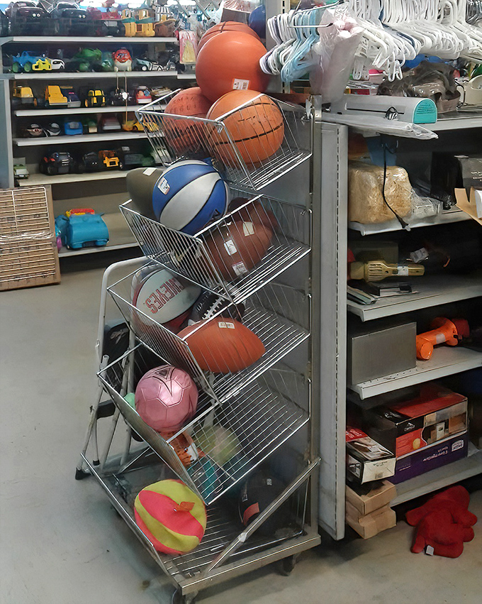 Ball bonanza! From basketballs to beach toys, this sporting goods corner is where athletic dreams get a second chance at glory.