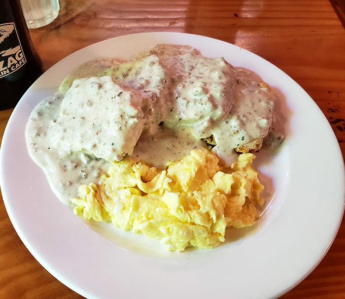 Biscuits and gravy that would make your Southern grandmother weep with joy, paired with eggs that practically pose for their close-up.