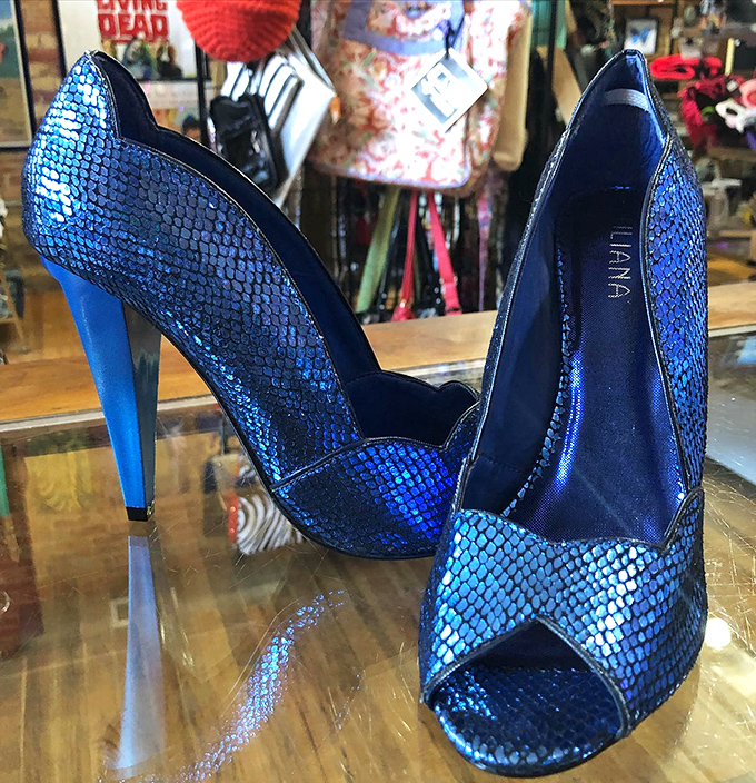 Cinderella's evil stepsister would kill for these mermaid-scale blue heels. They're what happens when disco balls and ocean depths have a fabulous fashion baby.