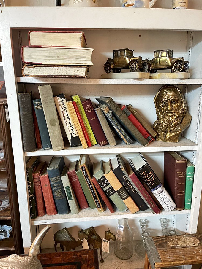 Books that have outlived their original owners, now waiting for new hands to crack their spines. That brass bust has seen some literary discussions.