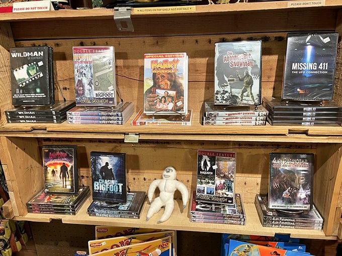 The DVD collection ranges from serious documentaries to B-movies that would make Bigfoot himself cringe. That little plush sasquatch seems embarrassed by some titles.