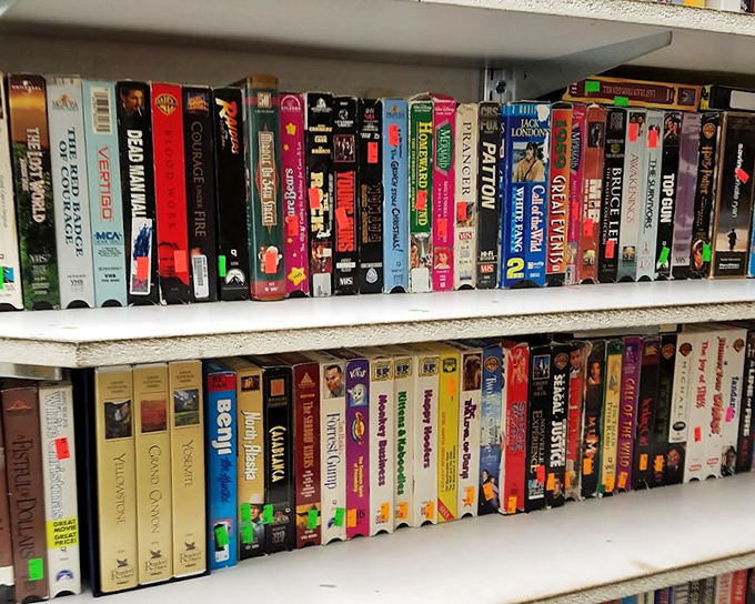 VHS tapes line up like soldiers from a bygone entertainment era, ready to march into the home of any nostalgic collector or retro media enthusiast.
