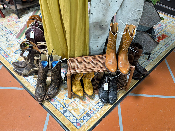 These vintage boots weren't made just for walking&mdash;they're strutting their stuff as wearable Texas history on a colorful rug.