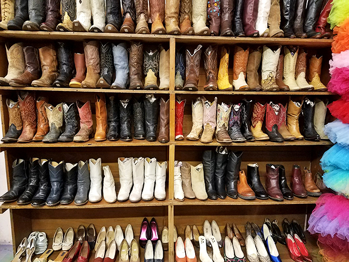Boot boulevard stretches before you like a leather-scented dream. Cowboys, cowgirls, and city slickers alike will find their perfect pair.