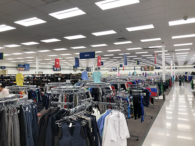 The men's section: where you can transform from "just rolled out of bed" to "might own property" without the financial commitment.