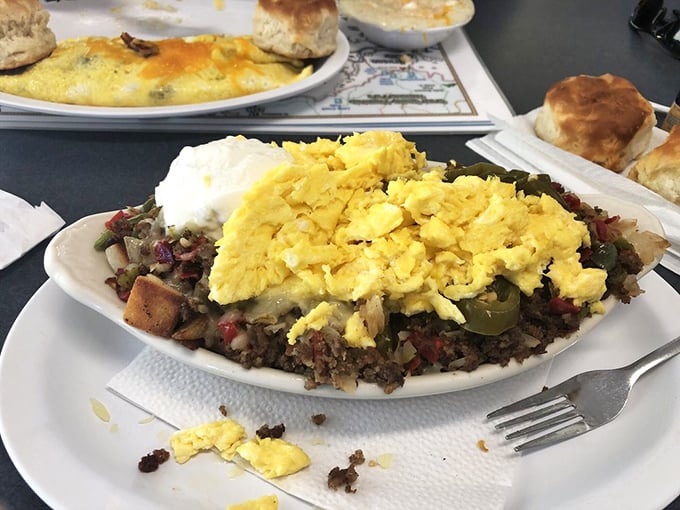 A mountain of breakfast goodness that puts the "hearty" in hearty start. Those scrambled eggs perched atop that savory hash could fuel a full day of Cherokee exploration.