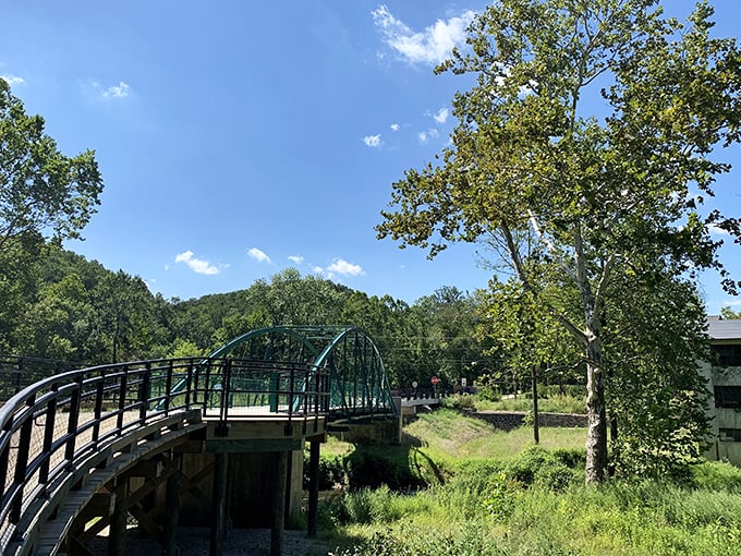 That modern bridge might not be historic, but it sure makes crossing the creek feel like an architectural adventure.