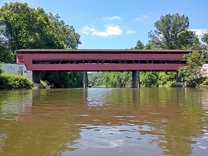 From water level, the bridge's majestic span reveals itself in full glory&mdash;a testament to both form and function hovering above the peaceful creek.