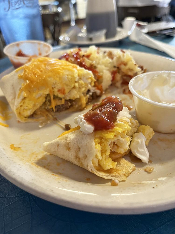 Breakfast burritos done diner-style &ndash; eggs, cheese, and salsa wrapped in a tortilla blanket. Morning salvation for under ten bucks.