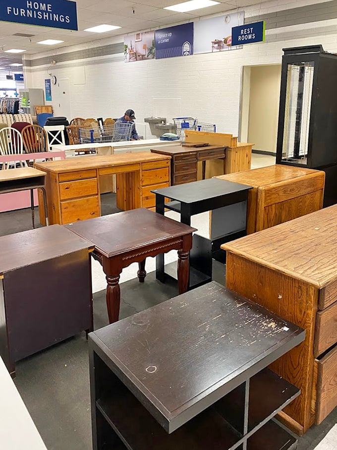 Desk paradise for the work-from-home crowd. That solid oak beauty has probably supported more tax returns than your accountant has seen.