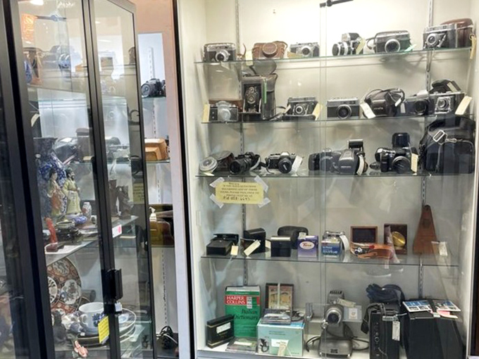 A timeline of photography history sits behind glass&mdash;each camera once captured someone's precious memories before becoming a collectible itself.