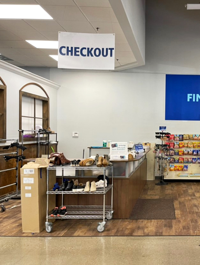 The checkout area &ndash; final gateway between finding that perfect vintage jacket and actually making it yours forever.