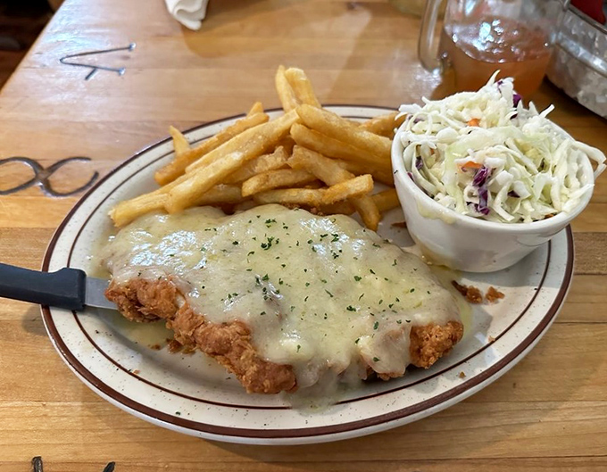 Country-fried steak smothered in gravy that could make a vegetarian temporarily question their life choices.