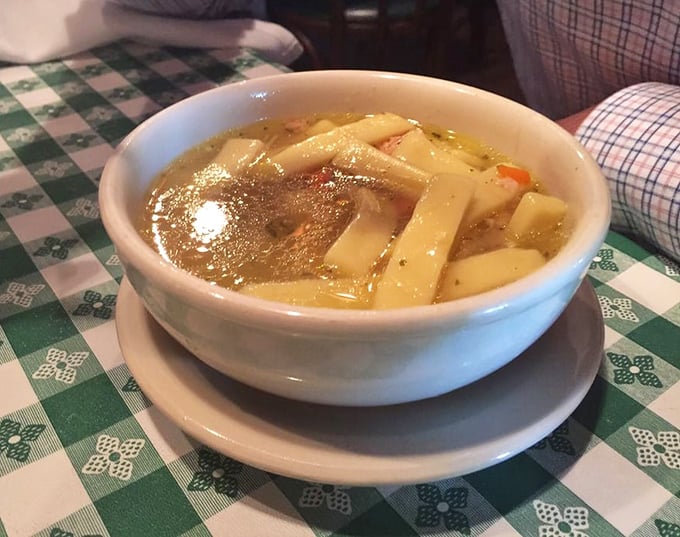 A bowl of chicken noodle soup that would make your grandmother nod in approval&mdash;thick, hearty noodles swimming in broth that's clearly not from a can.