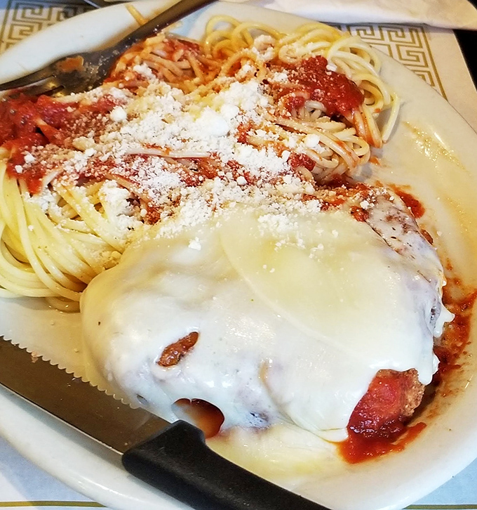 Chicken parmesan that doesn't need a passport to transport you to Italy. That blanket of melted cheese could solve any bad day.