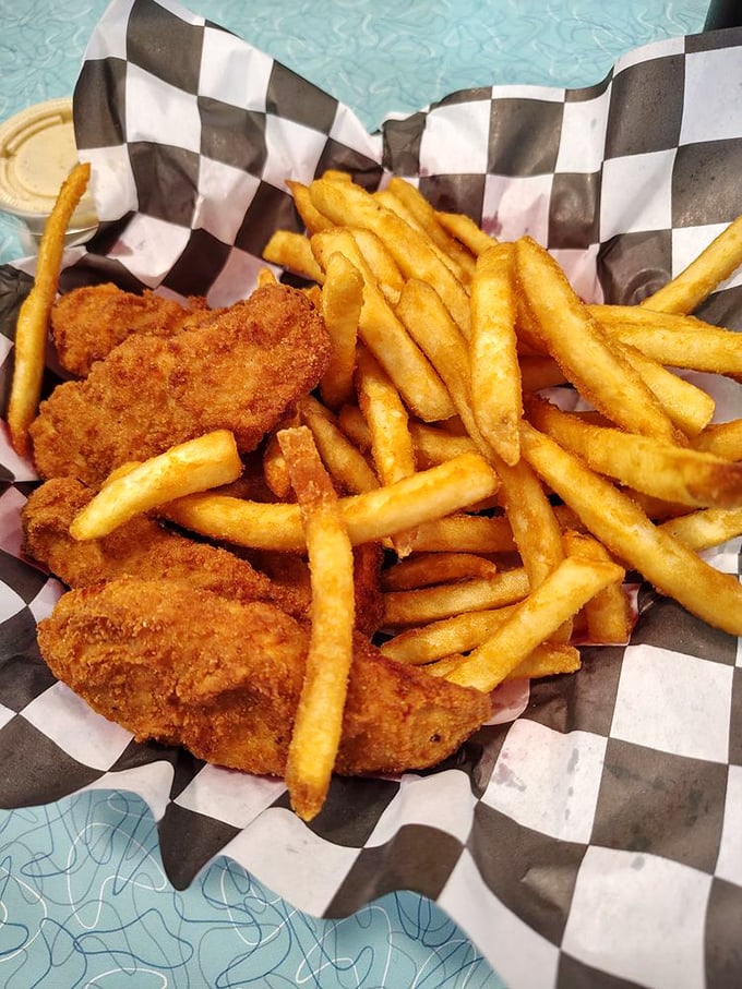 Golden-fried chicken tenders that make a satisfying crunch loud enough to drown out your diet's protests. Worth every crispy calorie.