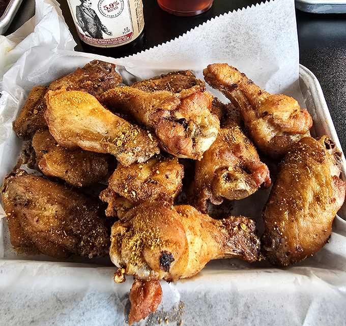 Wings so perfectly golden they deserve their own trophy case. Diet plans have been abandoned for less tempting sights.