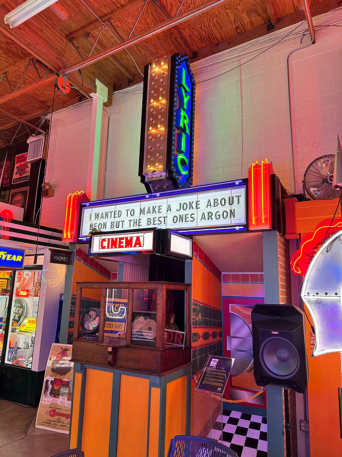 "I wanted to make a joke about neon but the best ones argon." The museum's playful cinema marquee proves that even sign museums don't take themselves too seriously.