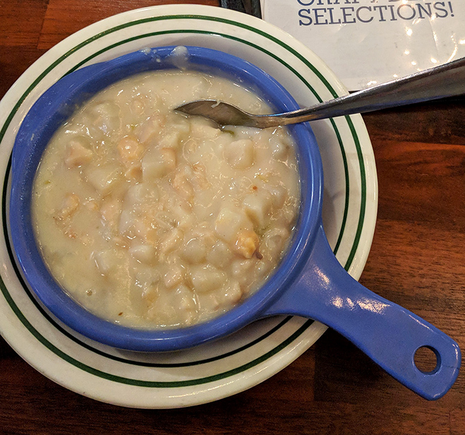 Clam chowder that doesn't mess around&mdash;creamy, hearty, and packed with tender morsels. The blue serving dish is just showing off at this point.