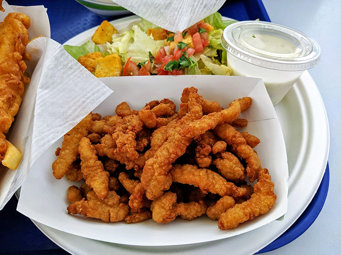 Crispy clam strips piled high like delicious buried treasure finally unearthed. The perfect balance of crunch and tenderness that makes you forget you're eating something healthy-adjacent.