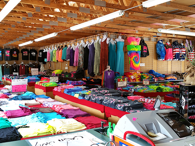 Fashion finds under rustic beams. The clothing section offers everything from practical everyday wear to "where would I possibly wear that?" conversation pieces.