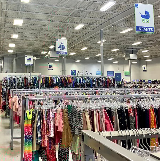 Clothing racks stretch like a textile rainbow, offering fashion possibilities from every decade imaginable.