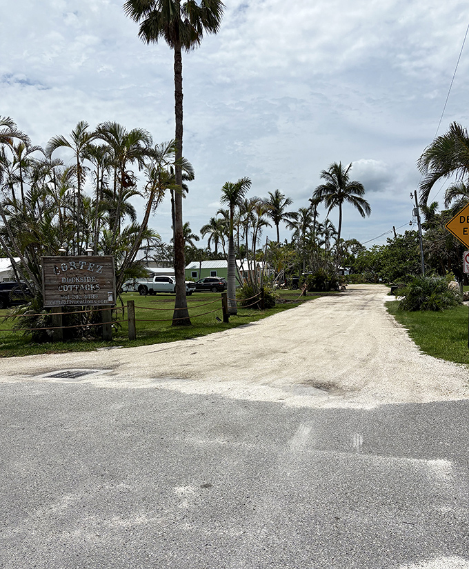 Palm-lined entrances like this one welcome visitors to Cortez's hidden communities, where "rush hour" means pelicans flying home at sunset.