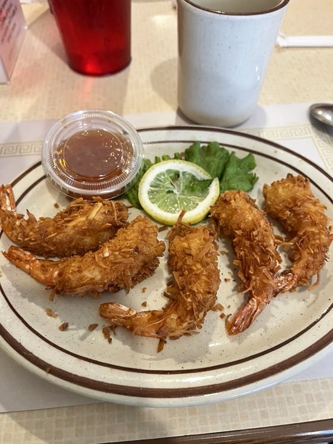 Coconut shrimp that could make a seafood skeptic reconsider their life choices. That dipping sauce isn't just along for the ride.