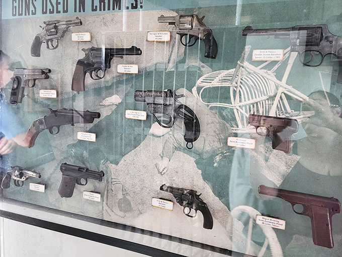"Guns Used in Crimes" exhibit showcases the hardware of historical wrongdoing—like a museum of bad decisions with trigger mechanisms.