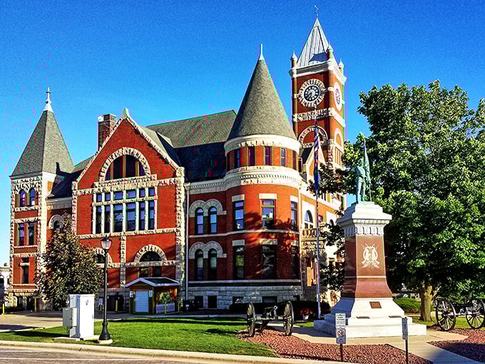 The stunning Green County Courthouse anchors Monroe's downtown, its red brick and clock tower standing sentinel over generations of small-town American life.