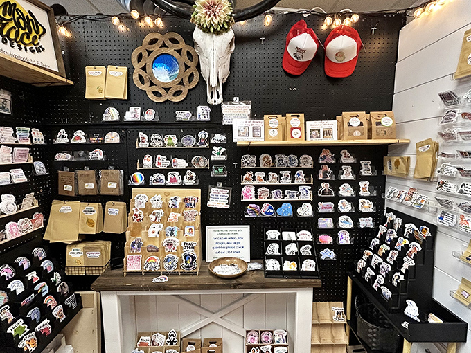 Modern meets vintage in this eclectic booth. That animal skull hanging above Michigan-themed stickers tells quite the decorating story.