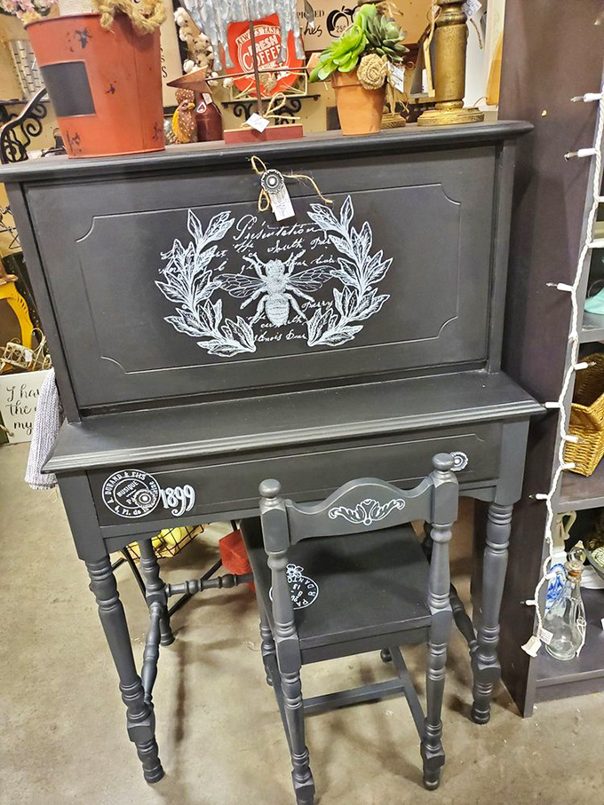 Not your big-box furniture store desk! This hand-painted beauty with bee motif transforms a mundane workspace into a conversation piece.
