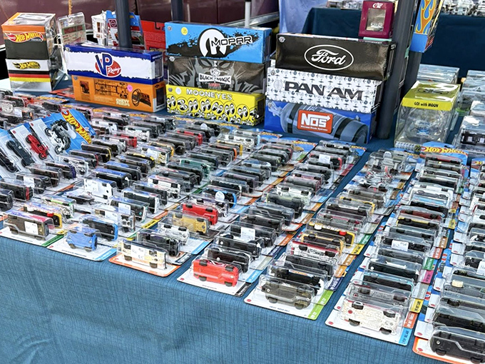 Die-cast cars lined up like a miniature dealership where every model costs less than actual gas.