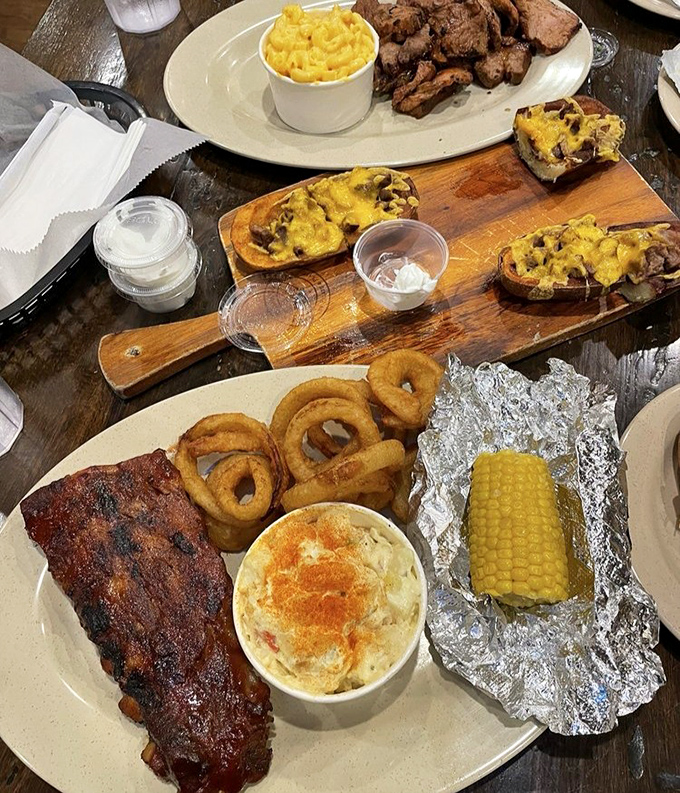 A barbecue spread that would make a vegetarian weep &ndash; ribs, mac and cheese, onion rings, and corn on the cob, all on one magnificent plate of smoky excess.