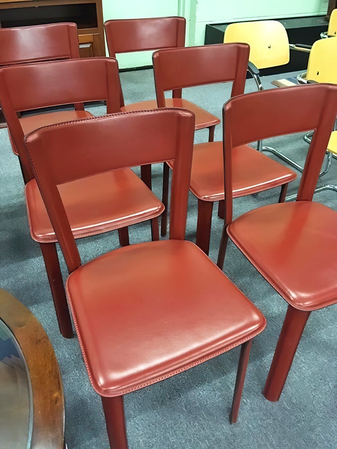 These cherry-red dining chairs are ready for their second act. Mid-century design that makes IKEA look like a passing fad.
