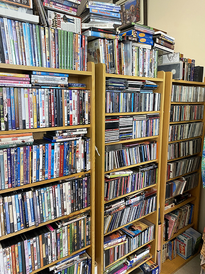 The DVD section: a physical Netflix from the before-times, where $3 buys you a movie night without subscription fees or buffering. 
