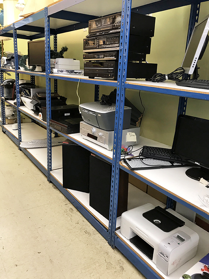 Crystal goblets neighbor everyday mugs in this dishware wonderland. One person's castoff becomes another's entertaining essential.