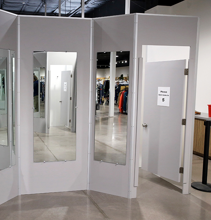 "Does this bargain fit me?" The spacious fitting rooms ensure your thrifted treasures look as good on you as they do on your budget.