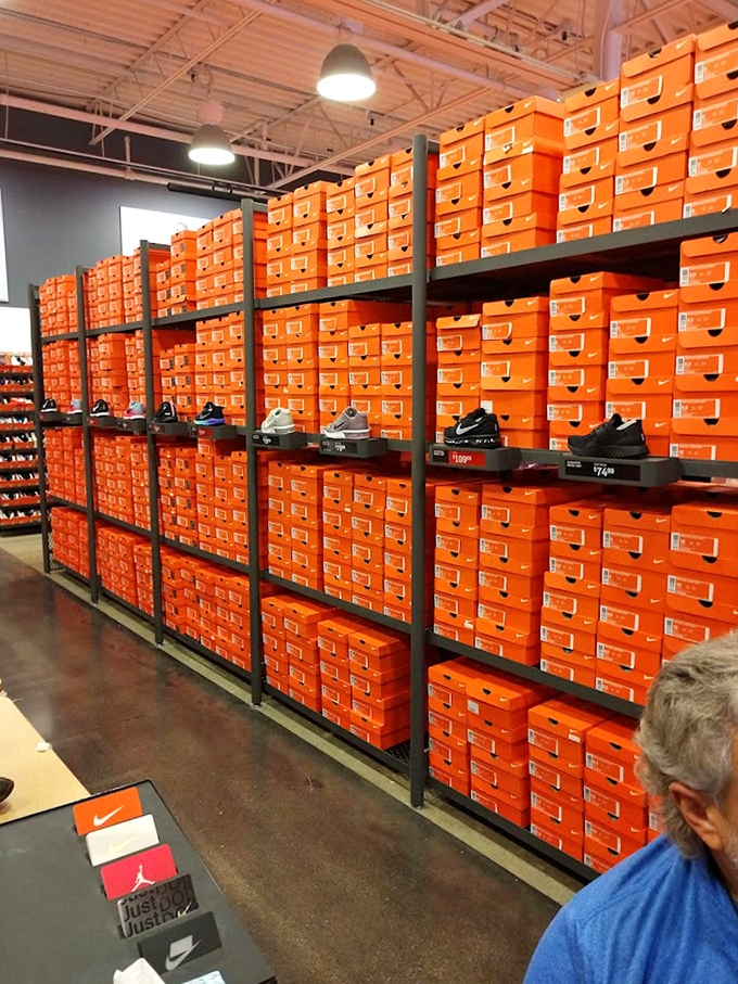 The Great Wall of Nike&mdash;where sneaker dreams come true. Each orange box contains possibilities for your next athletic adventure.