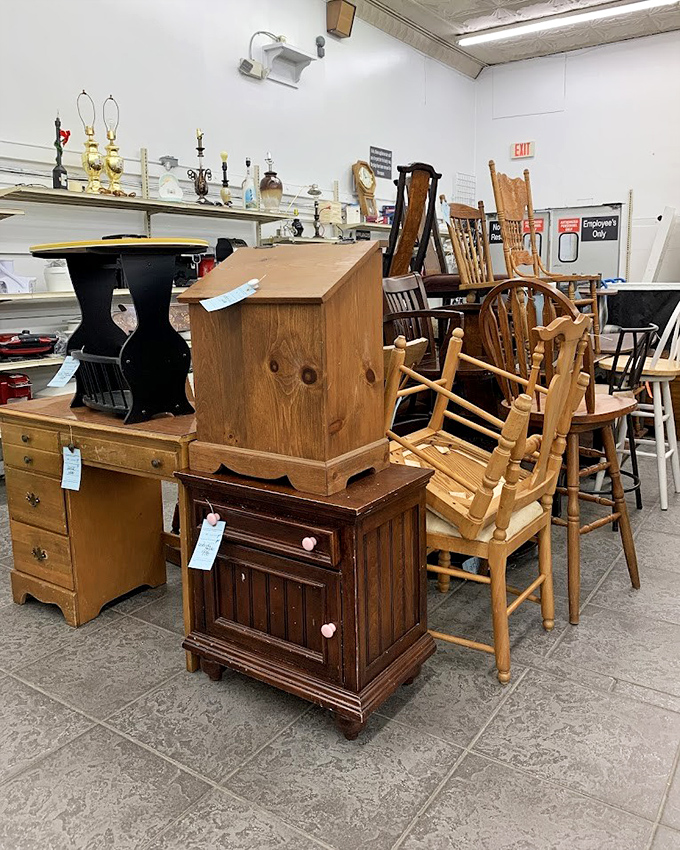 Furniture with good bones and questionable fashion choices awaits your vision. These wooden chairs have witnessed decades of family dinners and are ready for yours.