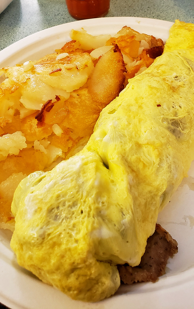 This omelet has achieved that perfect golden exterior while maintaining its fluffy interior – the breakfast equivalent of having your cake and eating it too.
