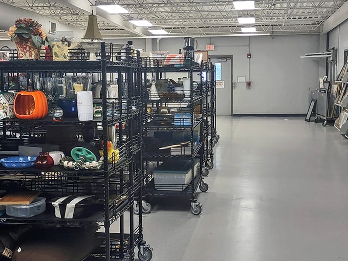 Organized chaos of household treasures on wheels. These shelves don't just hold items; they hold possibilities for home makeovers on a shoestring budget.