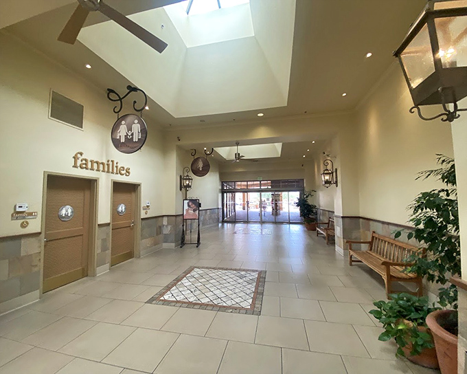 Skylights flood the interior corridors with natural light, creating an inviting atmosphere that says "stay awhile" rather than "buy and flee."