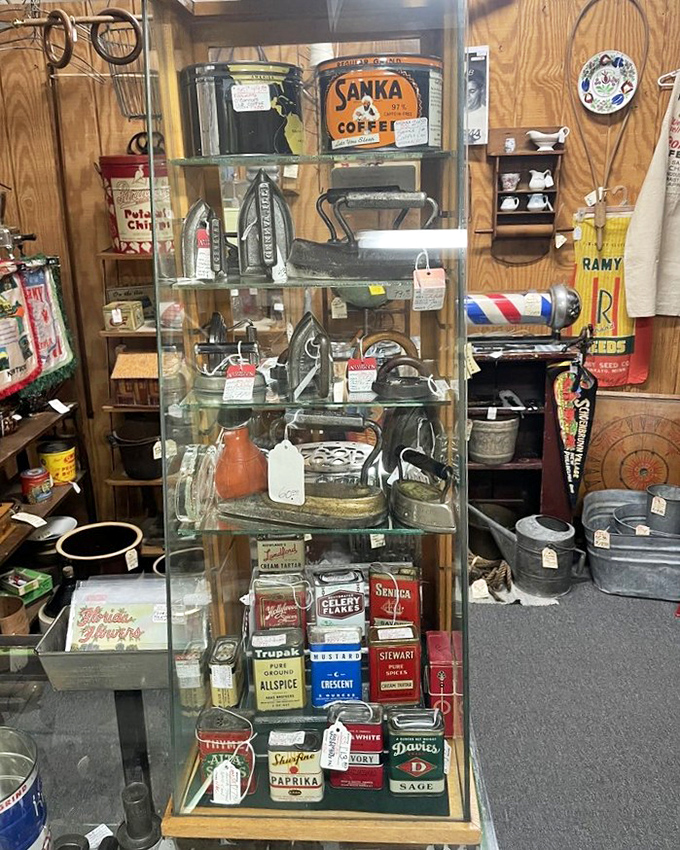 The spice cabinet of American history. That Sanka tin reminds us when "decaf" was revolutionary technology.