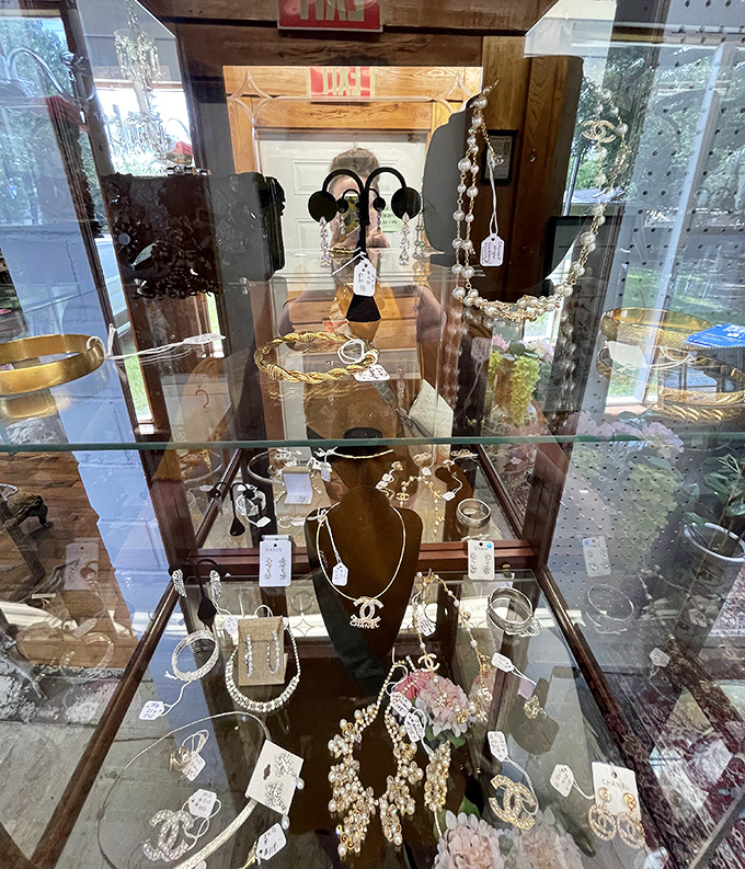 Vintage jewelry display cases &ndash; where someone's once-prized pearls and brooches wait patiently for their second act in Charleston society.