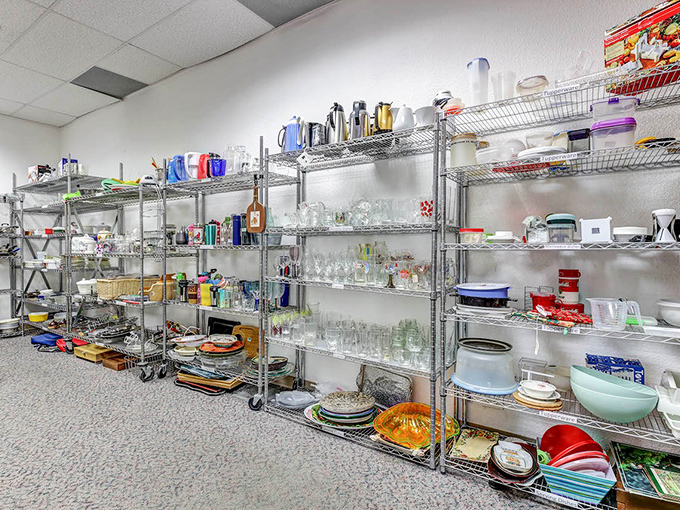 Kitchen equipment galore! From vintage Pyrex to practical everyday plates, this aisle has everything except the kitchen sink (which is probably in aisle 7).