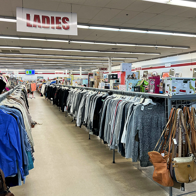 The ladies' section: where designer labels hide among everyday finds. Fashion archaeology at its most rewarding.