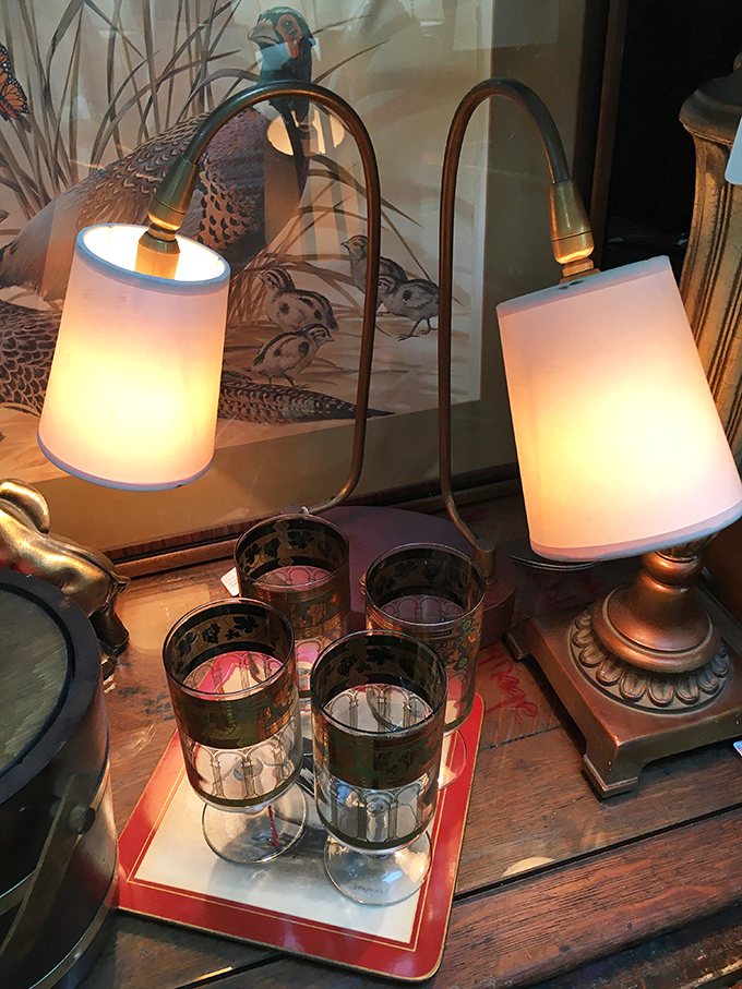 Mid-century elegance meets vintage barware &ndash; these brass lamps and patterned glasses would make Don Draper himself stop for a double-take.
